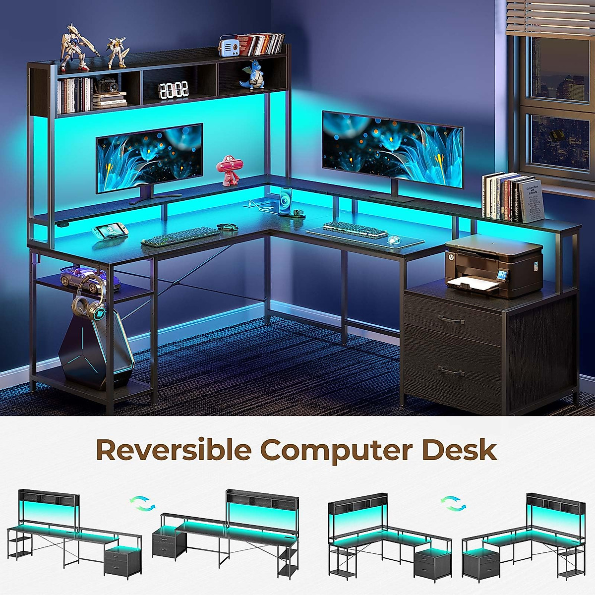 Rolanstar Computer Desk with File Drawers, 99.2" L Shaped Gaming Desk with Hutch, Reversible Desk with Power Outlet, LED Strip & Monitor Stand, 2 Person Home Office Desk, Black