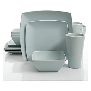 Gibson Home Soho Grayson Square Melamine Everyday 16 Piece Reactive Glaze Dinnerware Set Plates, Bowls, and Cups, Dishwasher Safe, Mint Green (2 Pack)