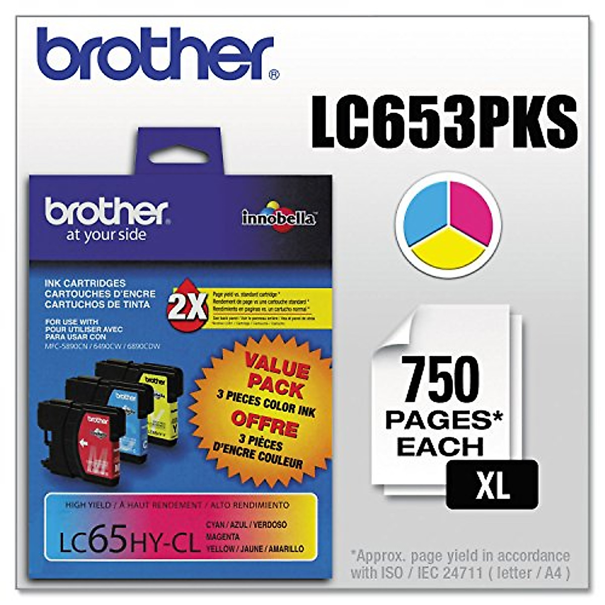 Brother Lc653pks Lc653pks Innobella High-Yield Ink, Cyan/Magenta/Yellow, 3/Pk