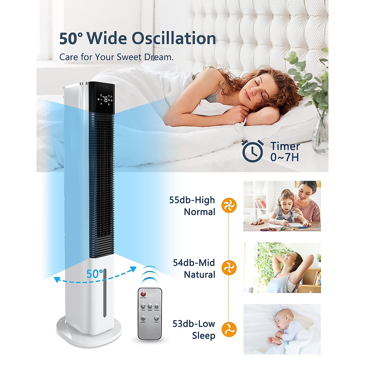 Sunday Living Evaporative Air Cooler, 42 Inch Tower Fan w/Cooling & Humidification, Swamp Fan with Remote Control, 1.3 Gallon Water Tank, 3 Speed & 3 Mode Setting, 12 Hour Timer