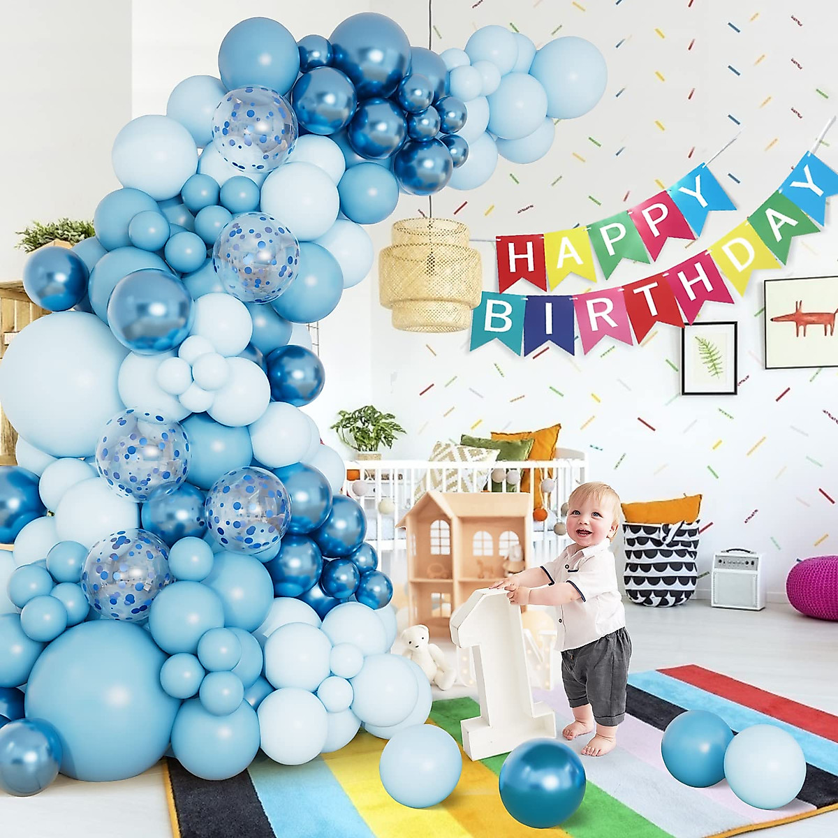 DBKL Blue Balloon Garland Arch Kit with Different Size Metallic Macaron Blue Confetti Balloons for Baby Shower Boys Birthday Wedding Graduation Ocean Themed Party Background Decorations