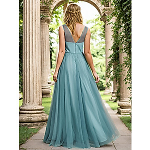 Ever-Pretty Women's V Neck Sleeveless See-Through A-line Flowy Maxi Bridesmaid Dresses for Women Dusty Blue US10
