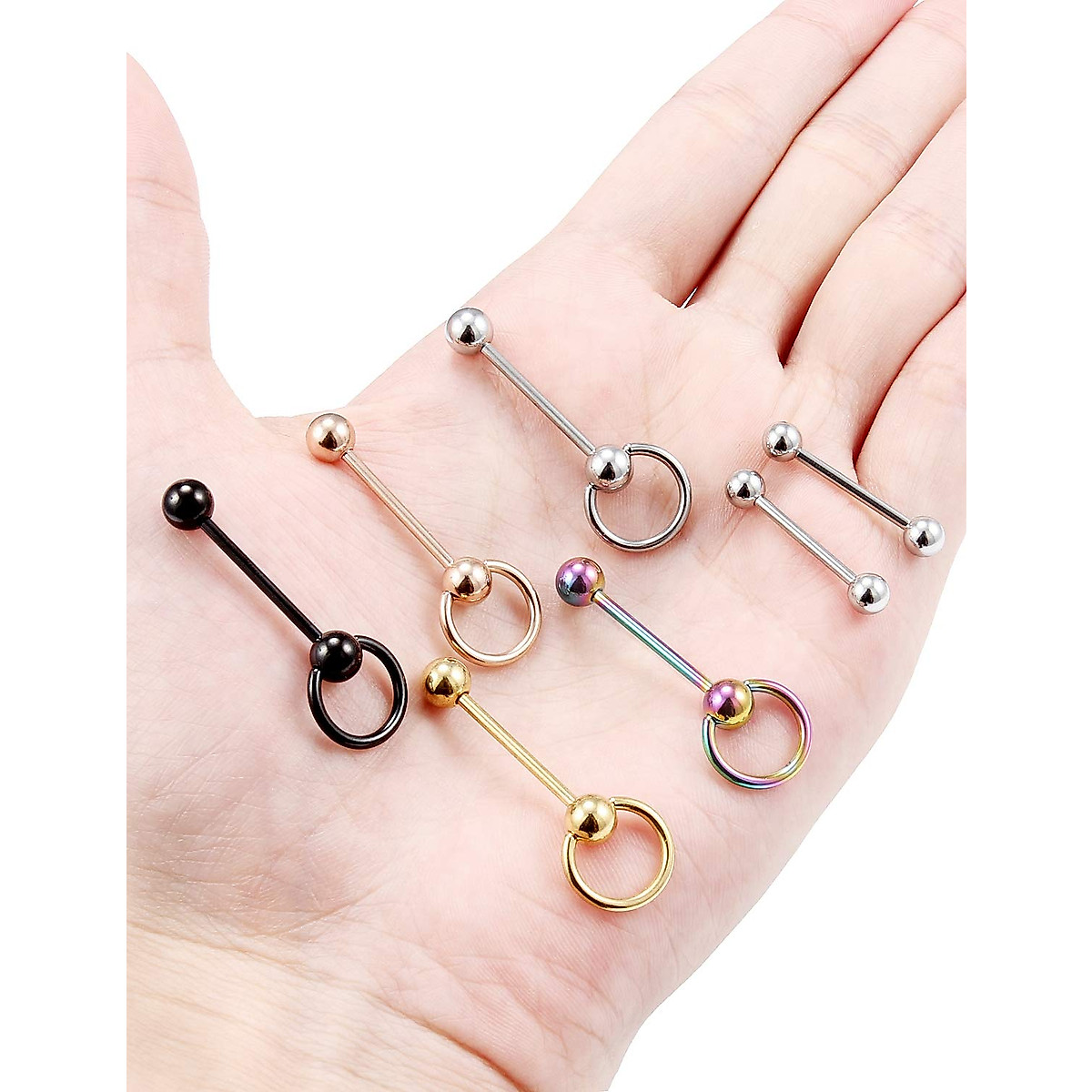 Prjndjw 14G Tongue Rings Door Knocker Tongue Ring Surgical Steel Tongue Rings Body Piercing Jewelry for Women Men 7Pcs 16MM Mixcolour