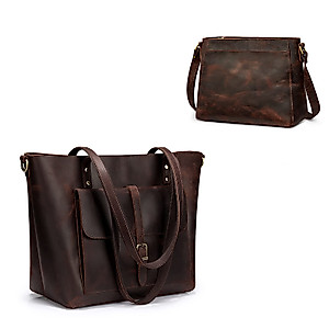 S-ZONE Women Genuine Leather Tote Bag Shoulder Handbag Bundle with Crossbody Bucket Purse