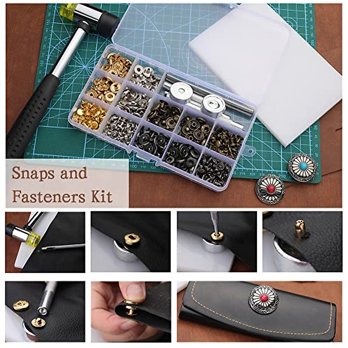 243Pcs Leather Working Tools and Supplies with Instruction, Leather Stamping Tools, Snaps and Fasteners Kit, Waxed Thread Cord, Cutting Mat, Leather Tooling Starter Kit for DIY Leather Craft