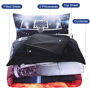 Wowelife Basketball Bedding Set Full Size 5 Pieces Basketball Sports Comforter Set Red Black 3D Fire Water Kids Comforter Sets Breathable with Comforter, Flat Sheet, Fitted Sheet and 2 Pillowcases