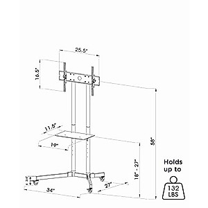 Husky Mounts Mobile TV Stand with Wheels Heavy Duty Universal Rolling TV Cart Fits Most 32” – 70” LED LCD TVs with Shelf and Mount Max Load 132 LBS Load Capacity TV Trolley