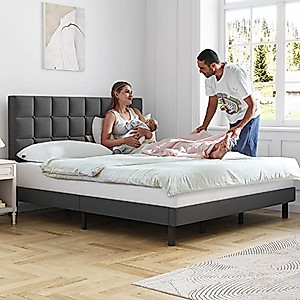 Molblly King Bed Frame Upholstered Platform with Headboard and Strong Wooden Slats,Non-Slip and Noise-Free,No Box Spring Needed, Easy Assembly,Dark Gray