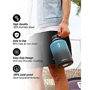 Coolflask 64 oz Water Bottle Insulated with Strap, Half Gallon Water Jug Stainless Steel with Straw & Spout Lids, Metal Large Water Flask, Keep Cold 48h Hot 24h, Leak Proof & Non-BPA, Prussian Blue