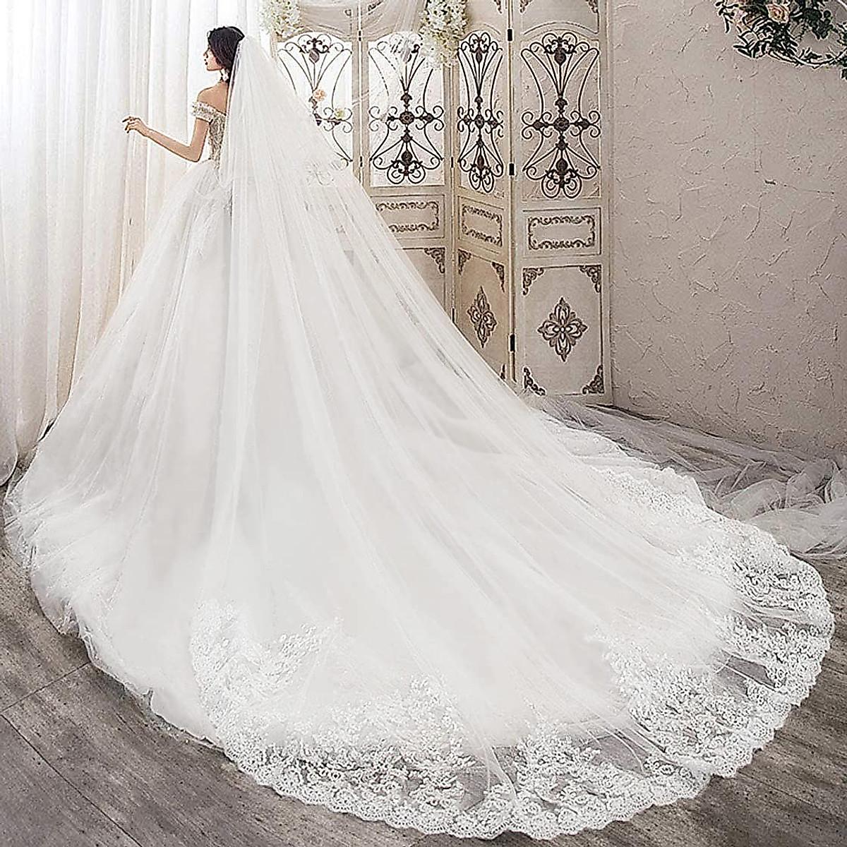 NCDIMS Newdeve Wedding Veils Cathedral Length 2 Tier Long Sequins Lace Edge Blusher with Comb 196" L 118" W