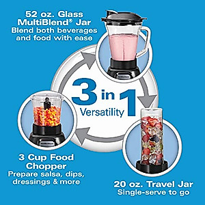 Hamilton Beach Blender and Food Processor Combo With Auto Programs For Smoothie and Ice Crush, Blend-In Portable Travel Cup, 52oz Glass Jar & 3 Cup Food Chopper, 950 Watts, Black (58242)