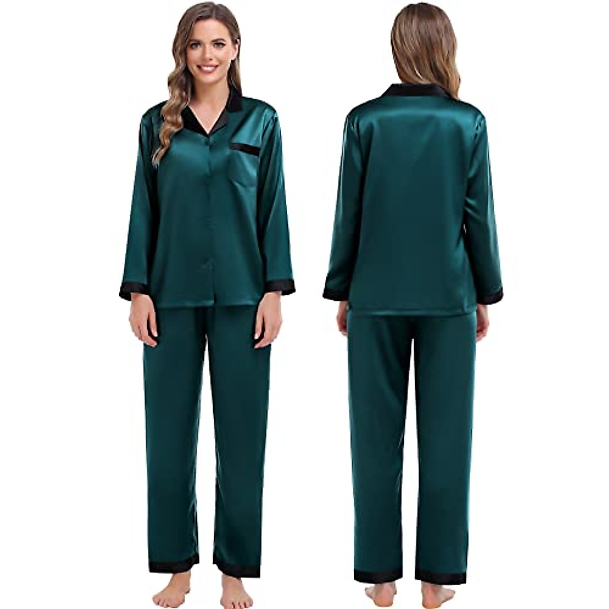 SWOMOG Silk Pajamas Set Women Long Sleeve Satin Sleepwear Loose Long Pants Loungewear Couples Pjs Set for His and Her Deep Green