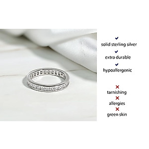 Hoops & Loops 925 Sterling Silver 2mm Princess-Cut Cubic Zirconia Channel Set Eternity Band Ring for Women Teen Girls, Size 7