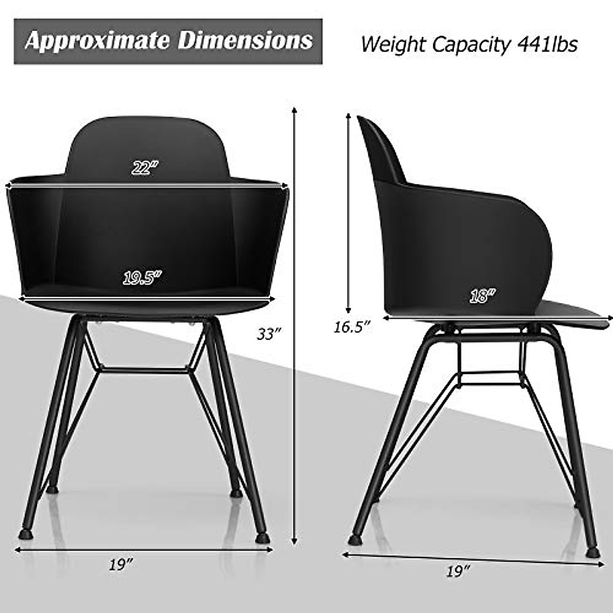 Giantex Set of 2 Dining Chairs, Pre Assembled Modern Style Plastic Dining Chair w/Metal Legs, Ergonomic Backrest, Armrest, Classic Petal Shape Cozy Leisure Chair for Kitchen, Dining Room (2, Black)