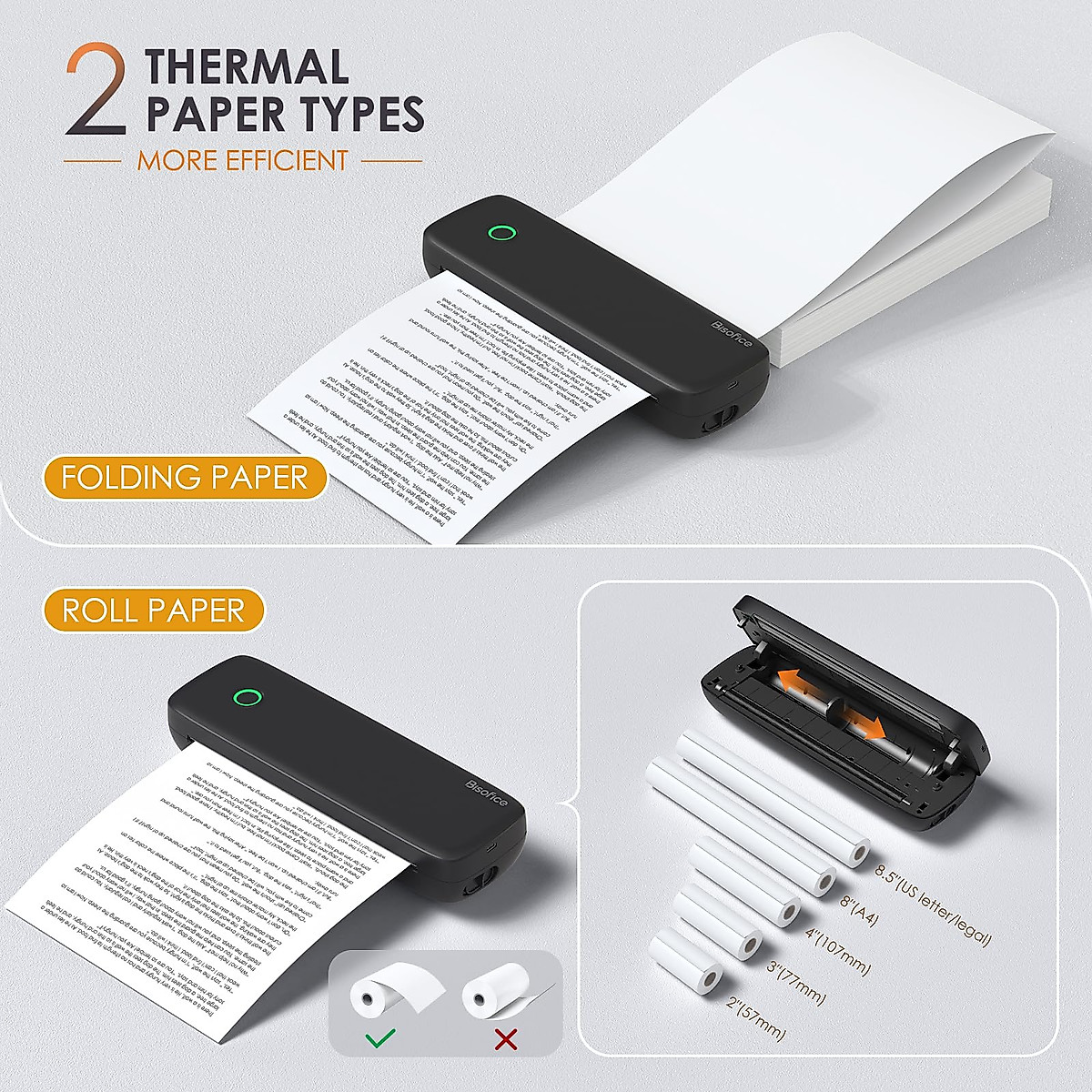Bisofice A4 Portable Thermal Printer Wireless&USB 2"/3"/4"/8"/8.5" US Letter for Office School, with a Roll Paper Compatible with Win/Mac System Inkless Printing PDF File Webpage Documents (Black)