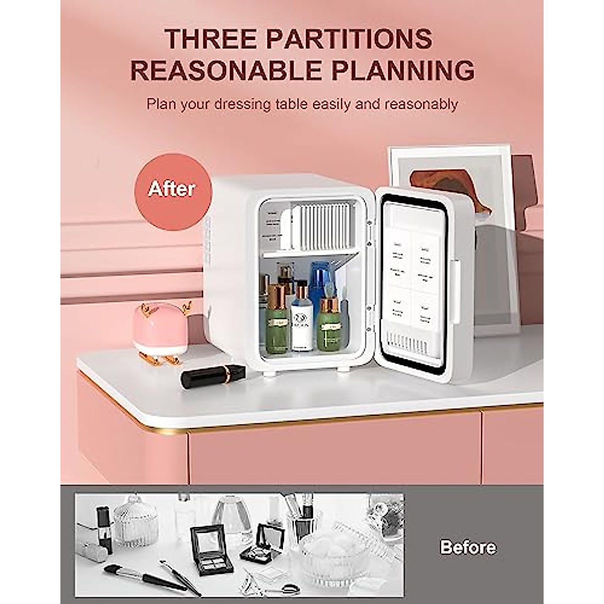 Skincare Fridge - Makeup Fridge With Dimmable LED Light Mirror, 4L Mini Fridge for Bedroom, Car, Office & Dorm, Cooler & Warmer, Portable Small Refrigerator for Cosmetics, Skin Care and Food, White