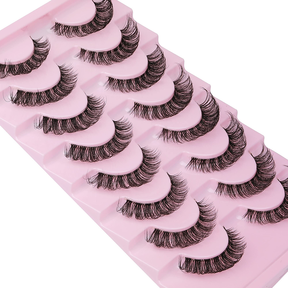 Russian Strip Lashes Natural Look Cat Eye Style with Clear Band 8 Pairs Fluffy Wispy 3D Effect False Eyelashes Thin Volume Fake Lashes Pack By GVEFETIEE