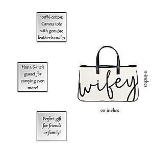 Santa Barbara Design Studio Tote Bag Wedding Collection Black and White 100% Cotton Canvas with Genuine Leather Handles, Large, Wifey
