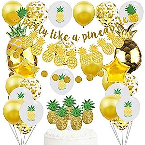 Gold Glitter Pineapple Party Decorations Summer Pineapple Garland Banner Pineapple Garland Latex Balloons Pineapple Foil Balloons Cupcake Toppers for Bachelorette,Birthday Luau Summer Party Decoration