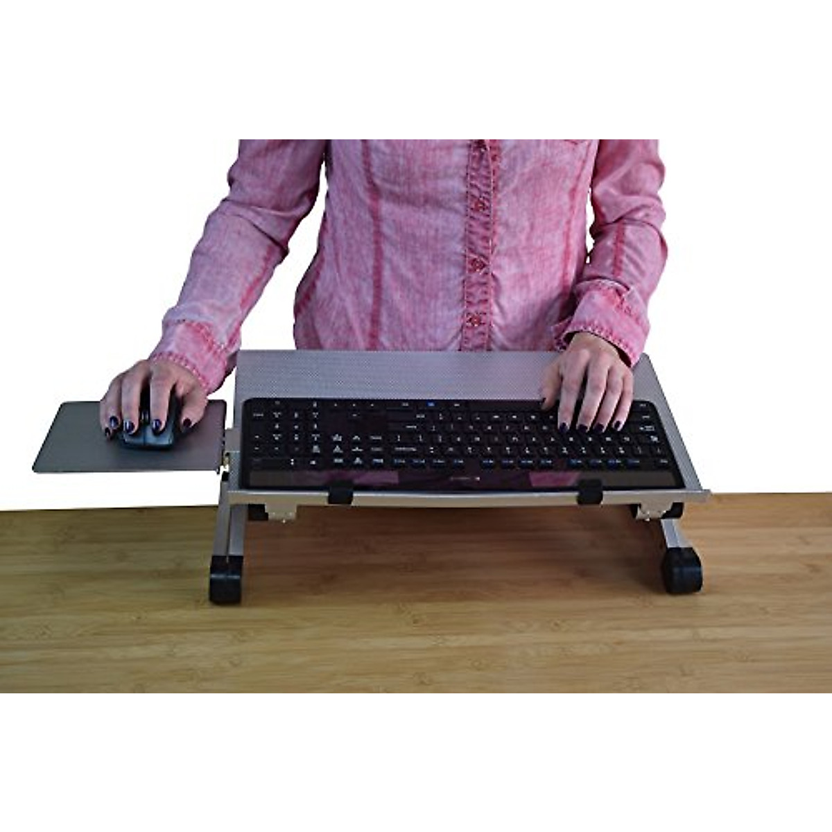 WorkEZ Keyboard and Mouse Tray ergonomic on-desk riser adjustable height angle negative tilt Raise computer keyboards to Standing sit stand-up standing accessories lift silver