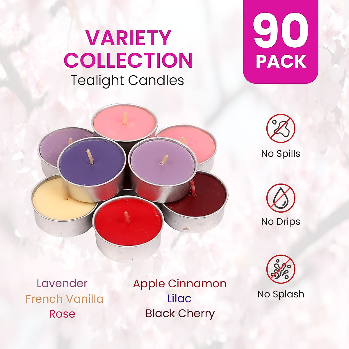 Scented Tealight Candles 90-Pack Bulk Variety Pack | Small Votives for Home & Weddings | Long Lasting Smokeless & Dripless | 6 Fragrances - Lavender, Vanilla, Rose, Apple Cinnamon, Lilac, Black Cherry