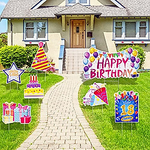 HOMENOTE 7Pcs Happy Birthday Yard Signs With Stakes, 5m LED Light and Personalized Sign, 23.6’’Foldable Large Happy Birthday Sign, Full Set Supplies for Yard Lawn Outdoor Birthday Decoration Party
