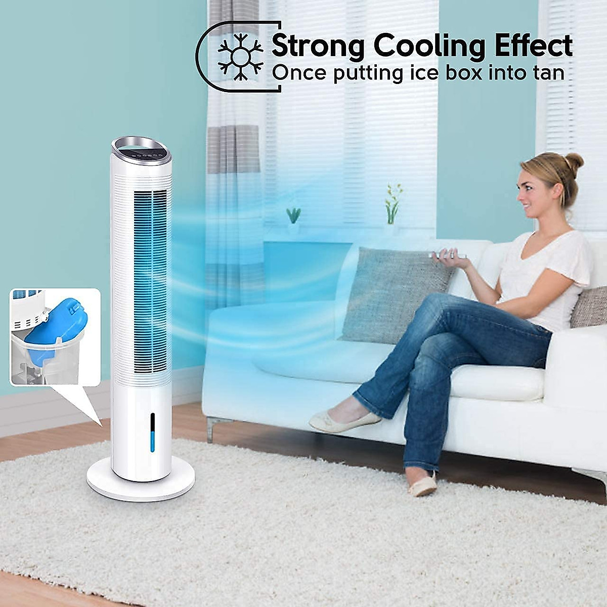 Air Choice Evaporative Cooler, 40" Portable Tower Fan with 70° Oscillating for Big Space, 3 Speeds & Modes, 8H Timer, 2 Ice Packs, Removable Water Tank, Portable Swamp Cooler with LCD Panel & Remote