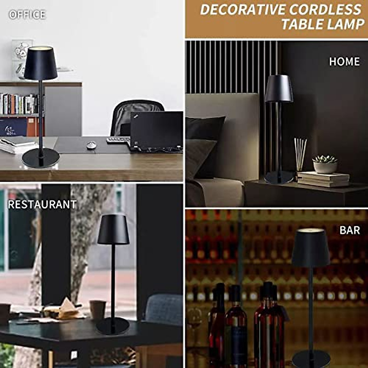 IMQSQIK Cordless Table Lamps USB Rechargeable Simplicity Desk Lamp Built-in 4600 mAh Battery LED Battery Operated lamp with Touch Control Table lamp - Bedroom/Desk/Reading/Patio(Black)