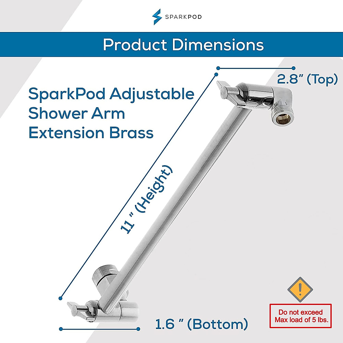 Shower Head Extension Arm by SparkPod - 11" Solid Brass Shower Arm Extension with Universal Connection to Showerheads - Easily Adjustable (Luxury Polished Chrome)