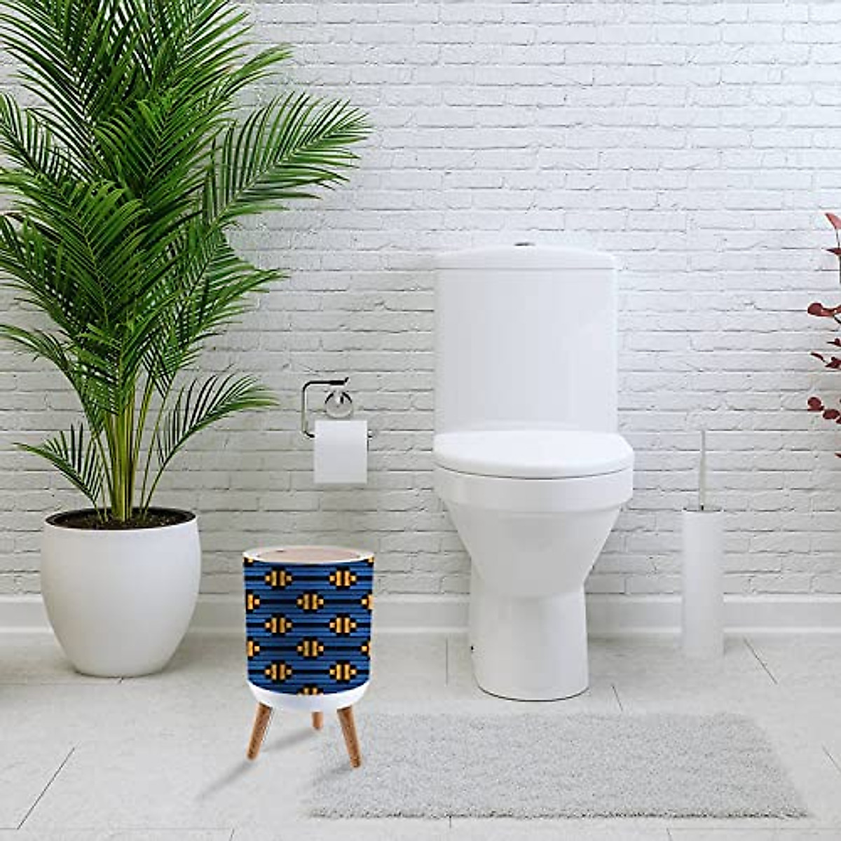 Trash Can with Lid Ethnic Motif Handdrawn Print Paint Brush Strokes Geometric Seamless Wood Small Garbage Bin Waste Bin for Kitchen Bathroom Bedroom Press Cover Wastebasket 7L/1.8 Gallon