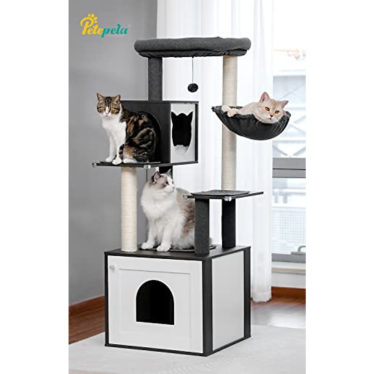 PETEPELA Modern Cat Tree Wood Cat Tower with Storage Cabinet Litter Box Enclosure and Spacious Cat Condo, Large Top Perch and Hammock, Sisal Covered Scratching Posts for Cats Black