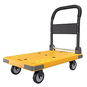 Generic Foldable Push Hand Cart Heavy Duty Platform Hand Truck Folding Flatbed Dolly Swivel Wheels Moving Trolley for Office Use,Can Hold 1000 Lbs (Yellow S)