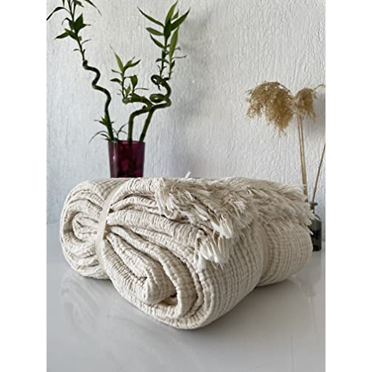 Muslin Blanket 100% Cotton, 4 Layers Bedspread, Soft Turkish Cotton Muslin Bed Cover, Reversible Coverlet, Ivory (King Size Two Pillowcase 20x36 (50x90cm))