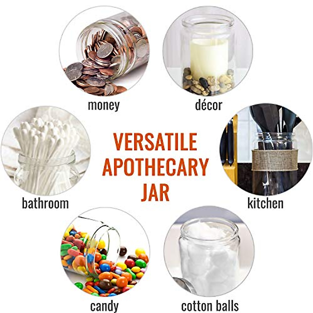 MABIS Decorative Storage Apothecary Clear Glass Jar for Kitchen, Bathroom or Laundry Organization, Medical Sundry Jar with Metal Lid, 4.1 x 3.9 x 7 inches