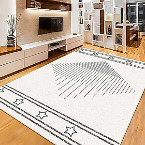Geometric Striped Living Room Farmhouse Rug - 4'x6' Modern Diamond Stripes and Star Washable Carpet - Minimalistic Non Shedding Easy-Cleaning Floor Carpet for Bedroom