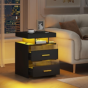 Nightstand with Charging Station and LED Lights, Night Stand with 2 Drawers, Wood Smart Bedside Table, Modern Bed Side Table for Bedroom, Black