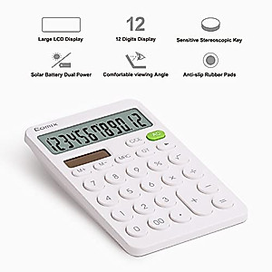 Comix Desktop Calculator with Large LCD Display and Big Button, 12 Digits Baisc Calculator, Standard Calculator, Solar Battery Dual Powered, for Office Home School & Business Use (White)