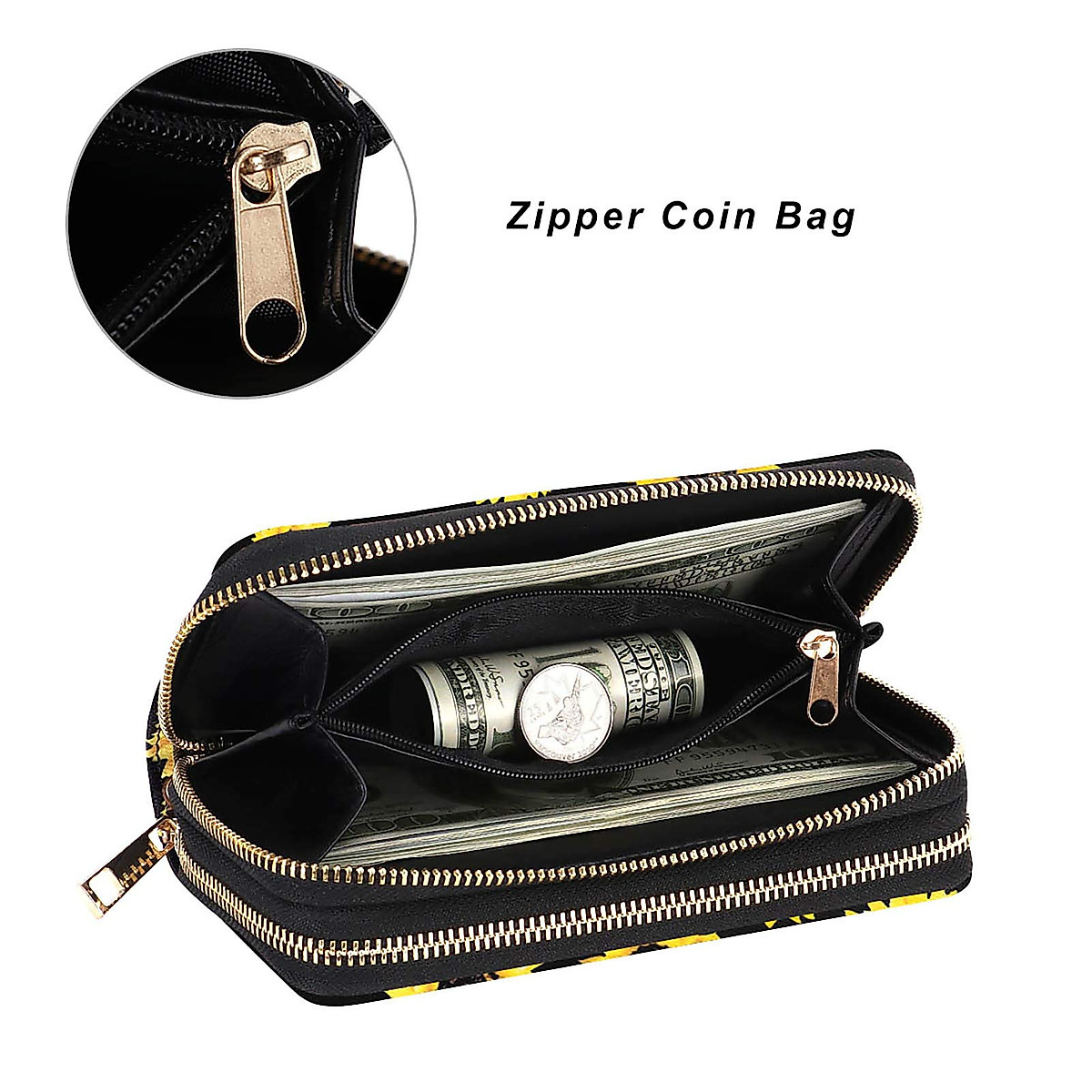 HAWEE Cellphone Wallet for Women Dual Zipper Long Purse with Removable Wristlet, Sunflower