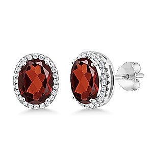 Gem Stone King 925 Sterling Silver Red Garnet Halo Earrings for Women (4.08 Cttw, Gemstone Birthstone, Oval 9X7MM)