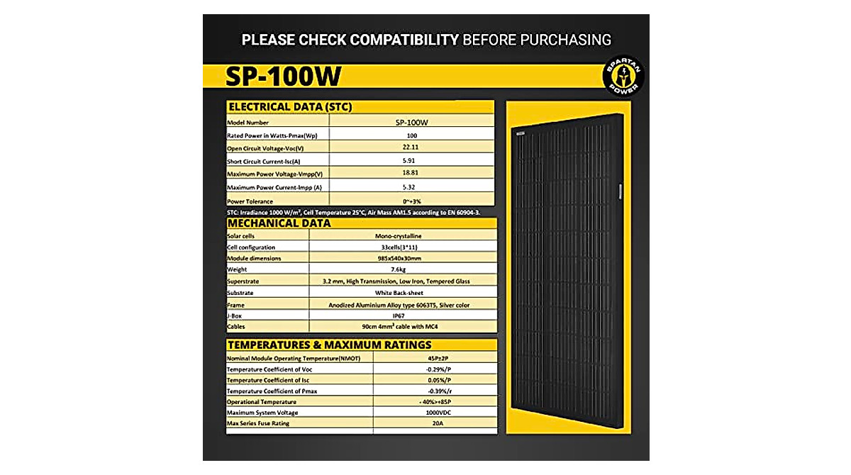 Efficient Spartan Power 100W Solar Panel for RVs & Boats