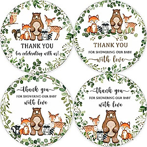 80 Woodland Thank You Favor Stickers, 2" Forest Animals Baby Shower Stickers, Woodland Baby Shower Party Decorations
