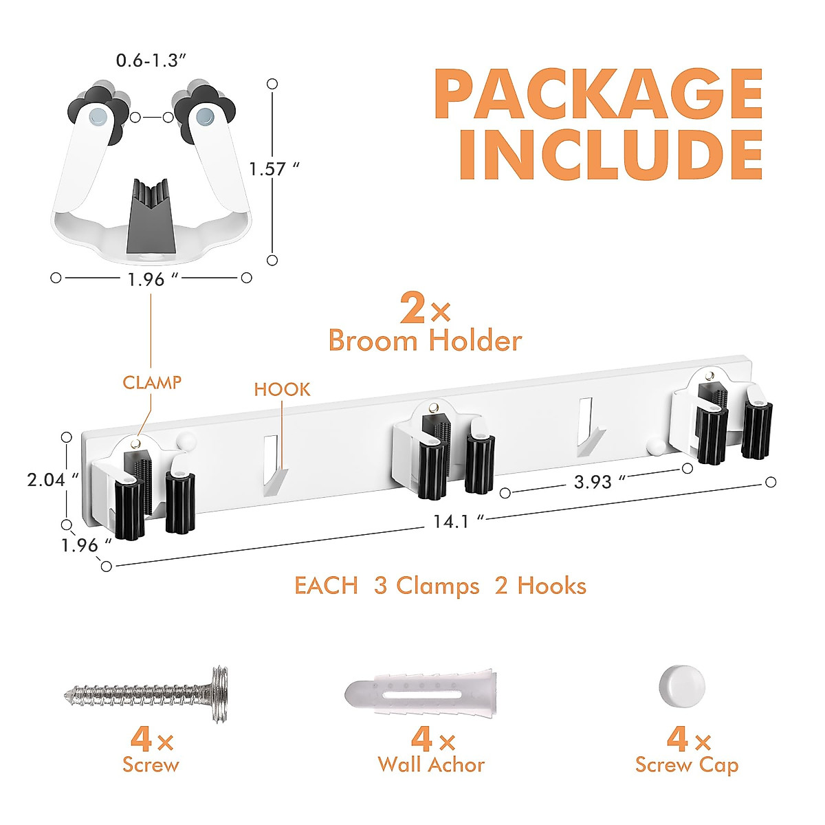 LIGHT DUST Broom Mop Holder Rack - 2 Pack Broom Organizers - Wall Mount Over the Door Mop Hangers with Hooks Slots Combination - Hanging Grip for Household Supplies Storage Organization (White)