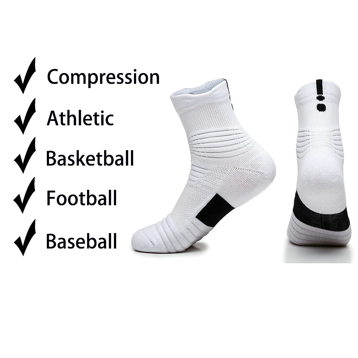 Yoknatt White Performance Ankle Athletic Socks Elite Youth Basketball Socks for Mens Womens Boys Crew Socks Cushioned Sports Running Cycling Compression Socks 4 Pack