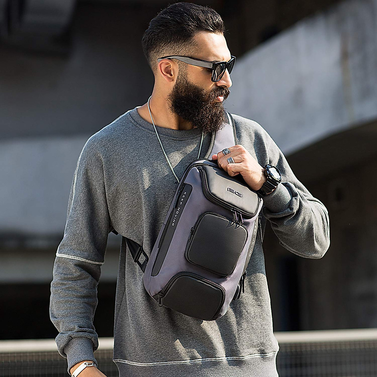 FANDARE Sling Chest Bag Men Business Shoulder Crossbody Backpack fit 9.7 inch Tablet Large Casual Daypack for Outdoor Travel Work Hiking Running Indoor Activities Durable Polyester Gray