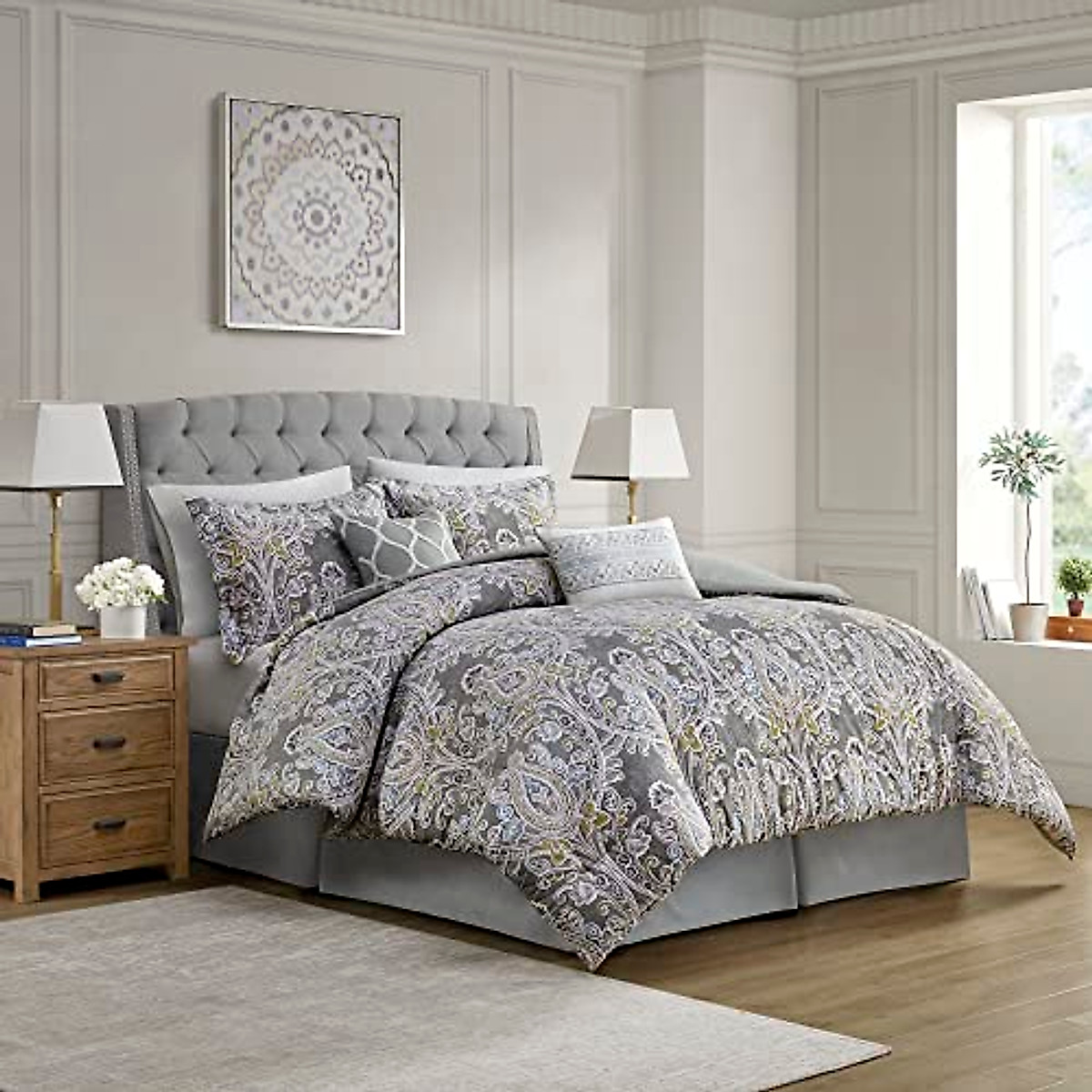 Harbor House Cozy Cotton Comforter Set - Classic Modern Design, All Season Down Alternative Casual Bedding, Matching Shams, Hallie, Damask Grey King(110"x96") 6 Piece