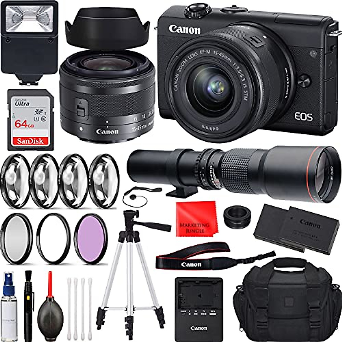 M200 Mirrorless Digital Camera with 15-45mm Lens (Black) vlogging Bundle, 500mm f/8.0 Preset Manual Focus Lens, Travel Kit with Accessories (Extra Battery, Digital Flash, 64Gb Memory +More)