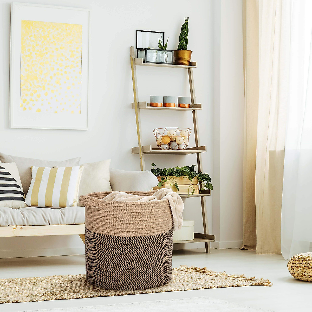 MINTWOOD Design 15 x 14 Inches Decorative Woven Cotton Rope Storage Basket, Stuffed Toy Basket Bin, Laundry Basket, Nursery Basket, Blanket Basket, Dog Toy Basket, Planter Basket, Black Jute