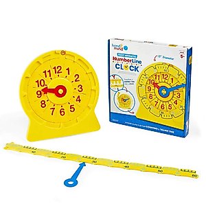 hand2mind Number Line Clock for Demonstration, Math Manipulatives for Counting Numbers and Telling Time, Montessori Toys for Toddlers, Learning to Tell Time Clock, Kindergarten Homeschool Supplies