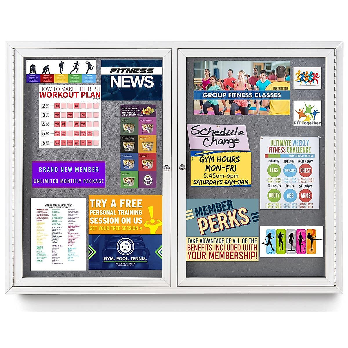 Displays2go 4' x 3' Enclosed Message Board, Sliding Doors, Locking, Gray Fabric - White (FBSW43WHLG)