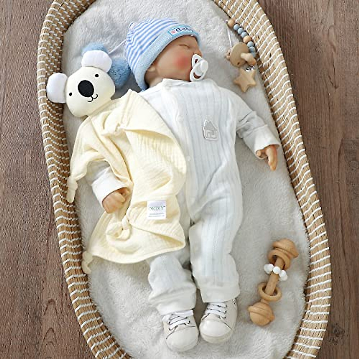 okdiy Organic Cotton Bunny Loveys for Babies,Newborn Baby Lovey Security Blanket,Lovies for Babies New Born Baby Unique Neutral Gifts Boys and Girls (Koala-Beige)